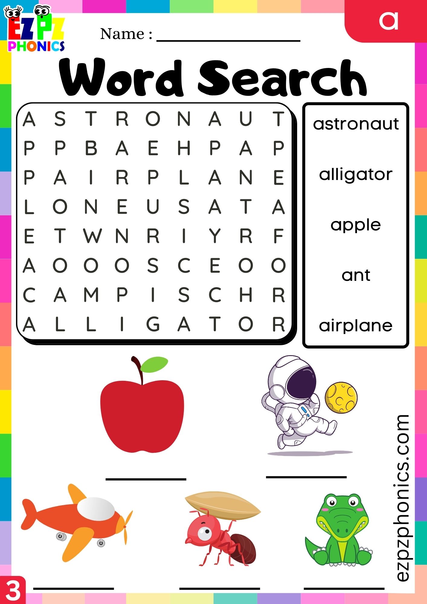 Letter a Word Search Phonics Activity Group 3 - ezpzphonics.com